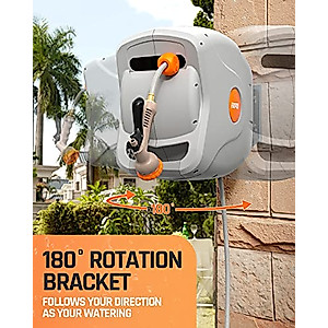 FIILPOW 100 FT 1/2" Retractable Garden Hose Reel, Any Length Lock, Heavy-Duty Wall Mounted Hose Reel with Automatic Rewind, Brass Connector, Adjustable Patterns, 180° Garden Watering & Car Washing