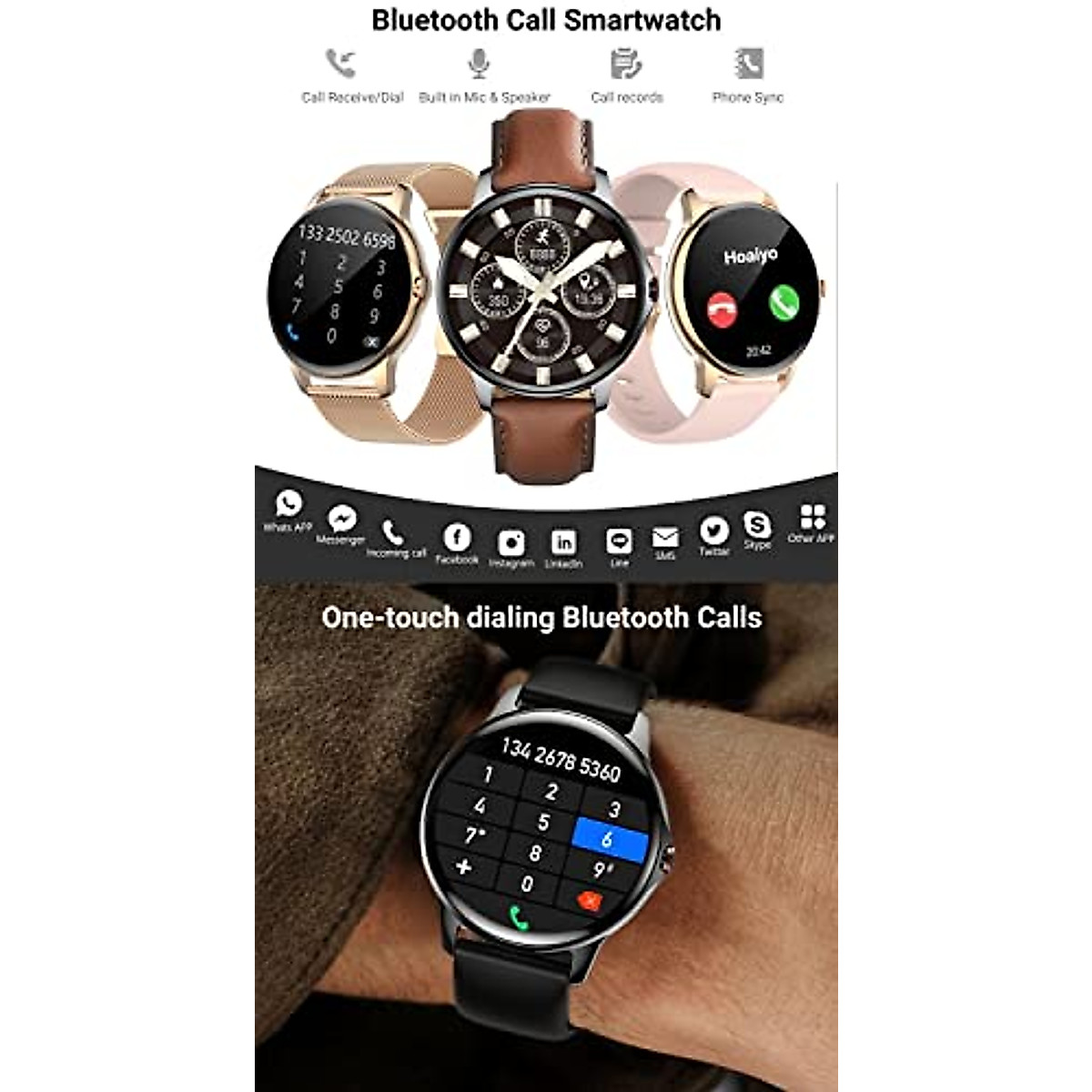 HOAIYO Smart Watches for Men (Call Receive/Dial), 1.3" Smartwatch with Call/Text/Heart Rate/SpO2/Sleep/Calories Counter, Waterproof Fitness Watch for Android iOS Phones