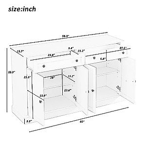 GODAFA Cabinet Multi-Functional Kitchen Sideboard-4 Drawers, Mesh Metal Doors, Adjustable Shelves, Wineglass Holders, Large, White