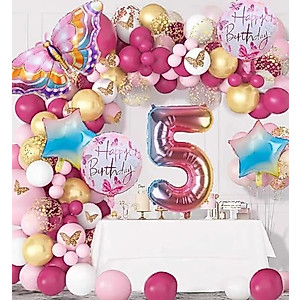Butterfly Balloons 5th Birthday Decorations for Girls, Butterfly Birthday Party Supplies Fairy Pink Princess Groovy Party Supplies Favors Anniversary Decor, 32 Inch Gradient Balloon Number 5
