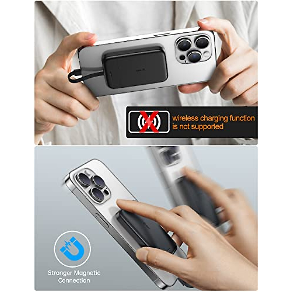 EMNT Mini Magnetic Portable Charger for iPhone,6000mAh Clutch Power Bank with Built-in Cable/Metal Stand, Battery Pack Compatible with iPhone 14/14 Plus/Pro Max/13/12/11/XS/XR/X/8/7/6/6s/5 and More.