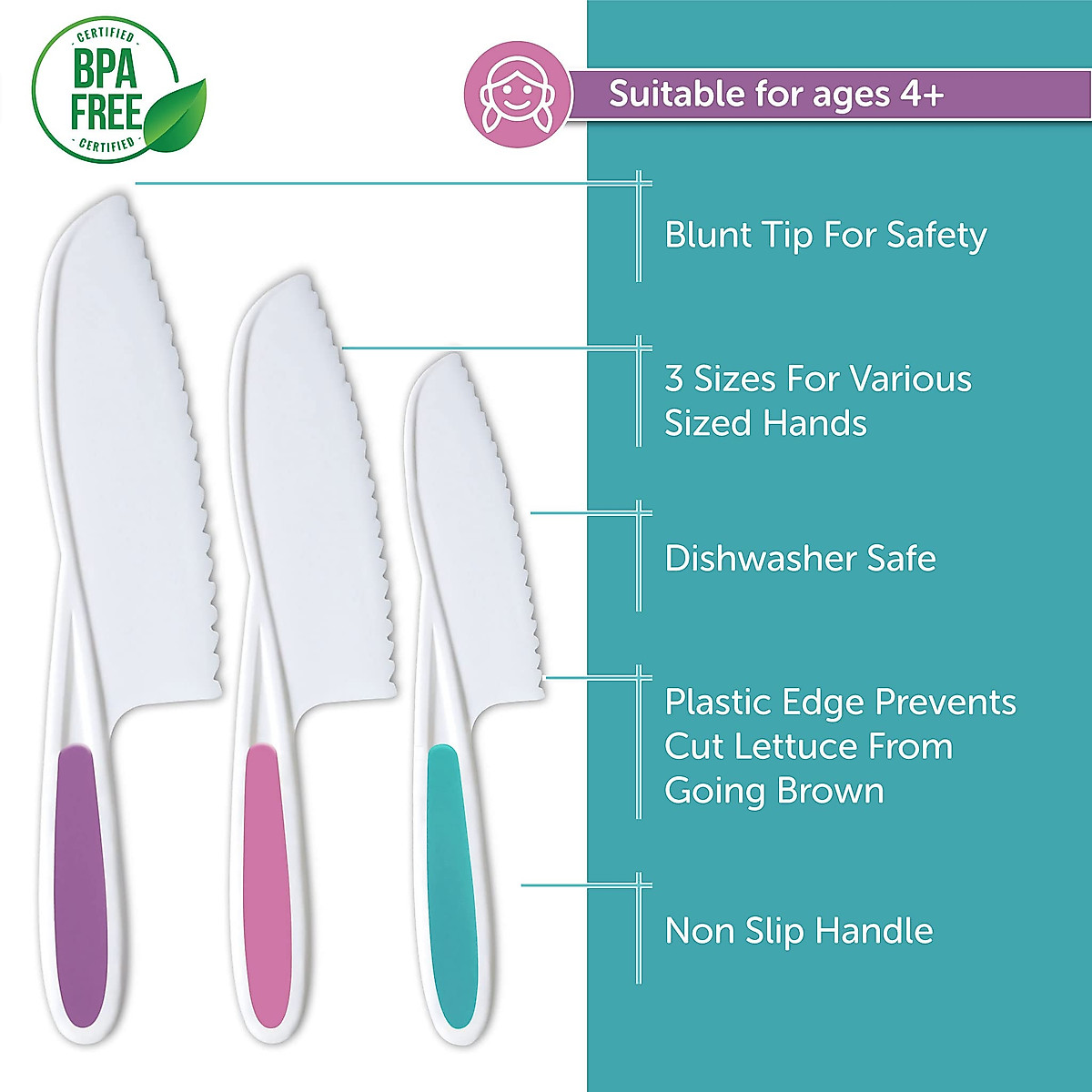 Ragazzacucine Kids Knife Set of 3 - Firm Grip, Serrated Edges & Safe – Colorful Nylon Toddler Cooking Knives to Cut Fruits, Salad, Cake, Lettuce (PurpleMulti)