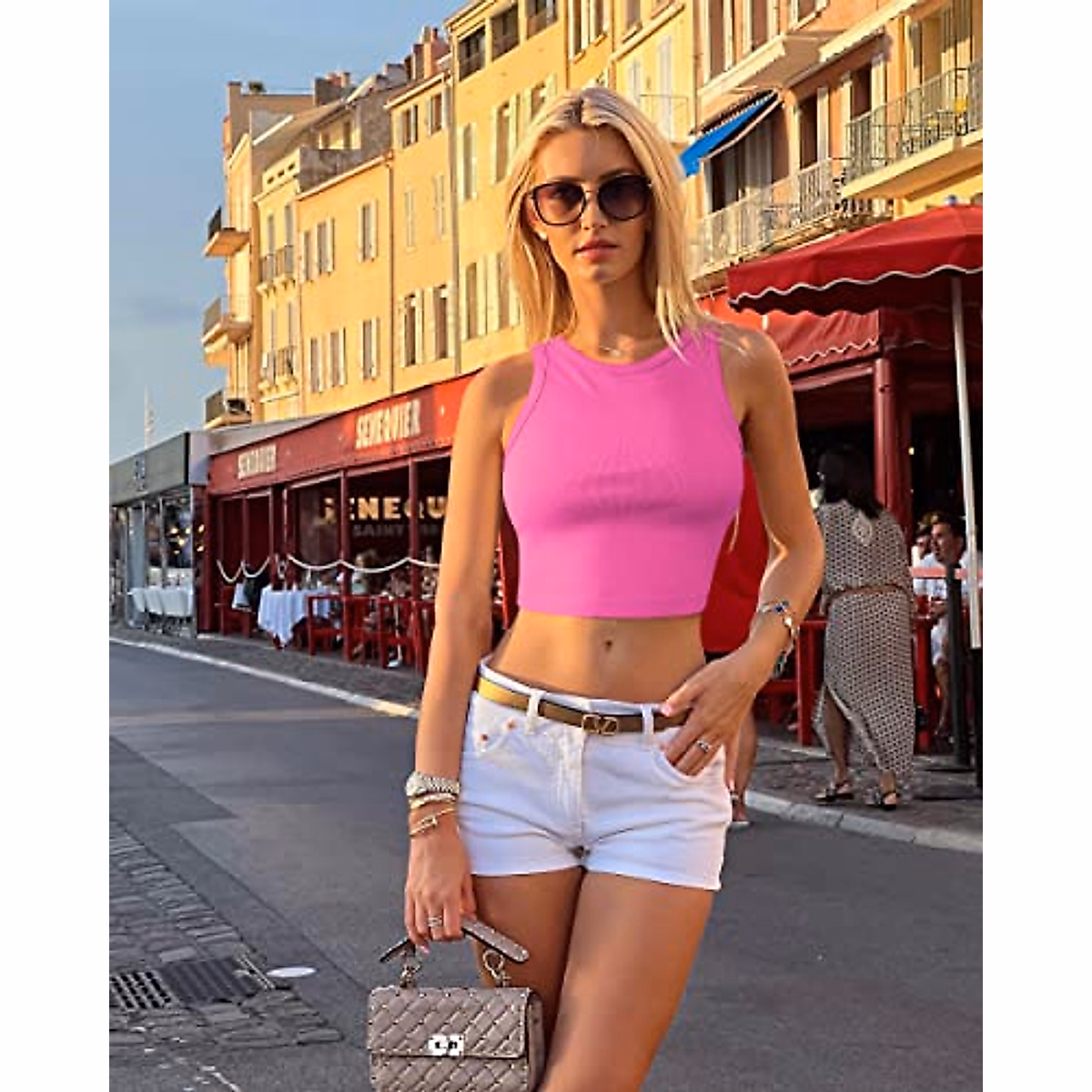 OQQ Women's 3 Piece Tank Shirt Ribbed Seamless Yoga Workout Exercise Racerback Crop, Black Rose White, Small