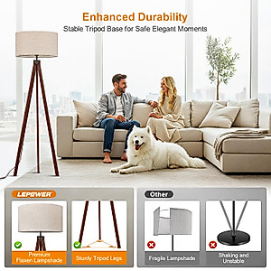 LEPOWER Wood Tripod Floor Lamp, Mid Century Standing Lamp, Modern Design Studying Light for Living Room, Bedroom, Study Room and Office, Flaxen Lamp Shade with E26 Lamp Base