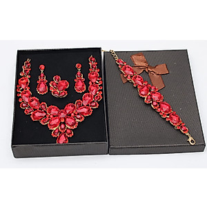 QYJ Women’s Wedding Bridal Austrian Crystal Glass Teardrop Statement Necklace Dangle Earrings Bracelet Ring Wedding Party Jewelry Set for Bridal Bridesmaid (Pink-Gold Plated)