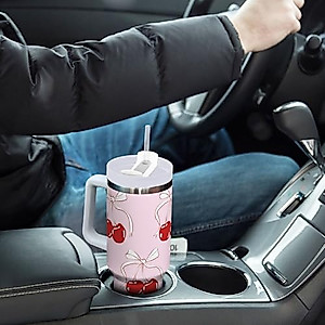 OTVEE 30oz Cherry Bow Tie Ribbon Tumbler with Handle and Straw, Double Wall Vacuum Reusable Stainless Steel Insulated Water Bottle Travel Mug Cup for Hot and Cold Drinks