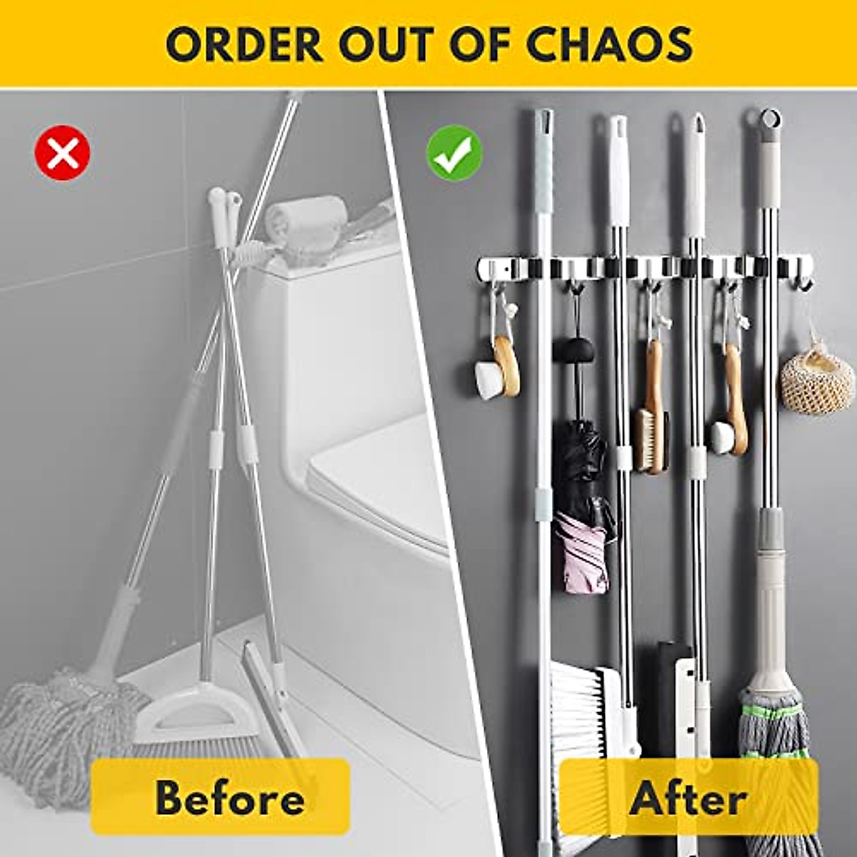 Laufary Broom Holder Wall Mount 4 R 5 H,Stainless Steel Mop Holder Wall Mount,Easy to Install Broom Storage Rack, for Home, Kitchen, Garden, Garage Organizing