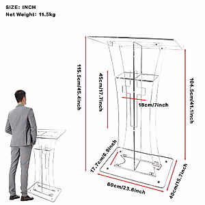 GOJLEX Church Pulpit with Led Lights, 43” Cross Acrylic Church Podium with Large Reading Platform, Transparent Lecterns for Churches, Weedings (23.6” L*15.7”W *43”H)