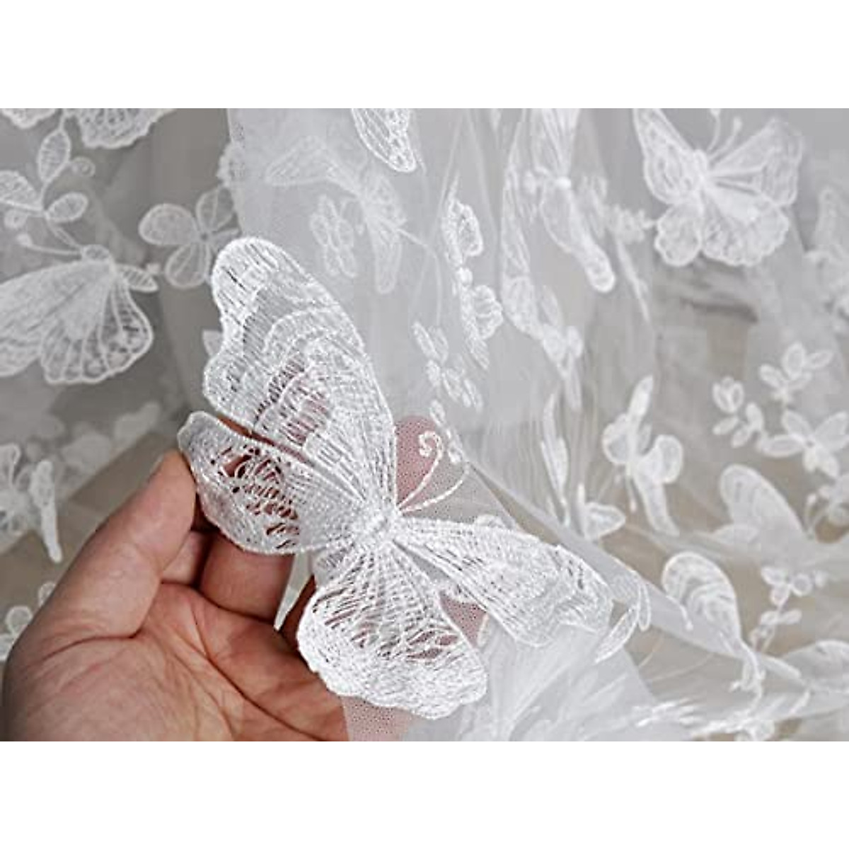 51" Width 3D Vivid Butterfly Lace Fabric Exquisite Flower Embroidery Soft Tulle Lace Fabric for Wedding Bridal Lace Dress Party Dress Home Decor (3 Yard, White Mesh+White Butterfly)