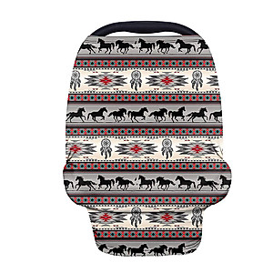COEQINE Baby Car Seat Cover,Native American Tribal Horse Dreamcatcher Pattern Car Seat Canopies Nursing Covers,Infant Car Seat Covers,Soft Breathable Stretchy Breastfeeding Scarf