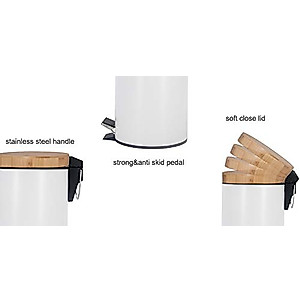 Small Bathroom Trash can with Pedal,Eco Friendly Bamboo lid Soft Close,0.8 Gal/3L .White Steel with Removable Inner bin.Strong &Anti Skid Pedal.Color Box.Unique & Boutique Style