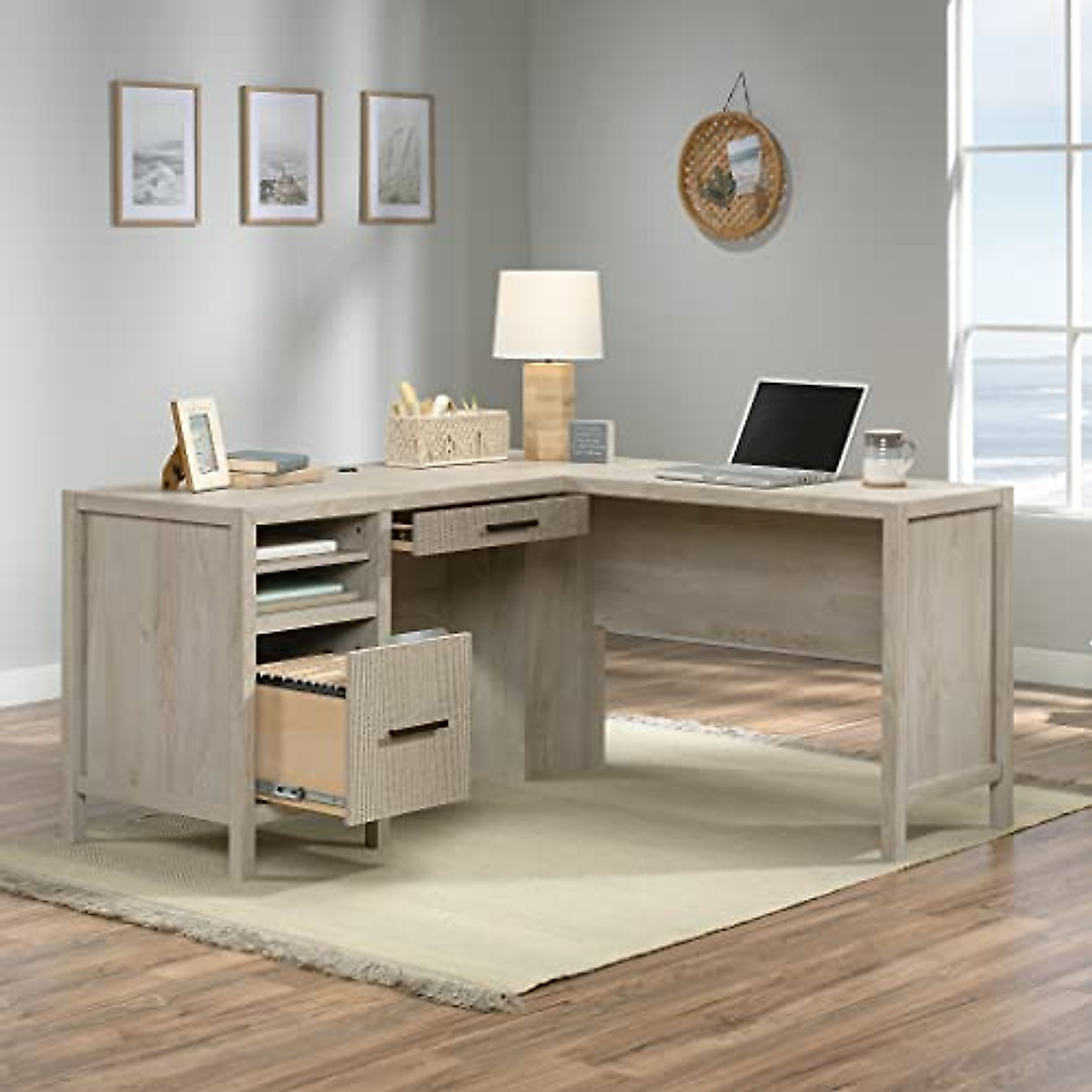 Sauder Pacific View L-Desk, L: 58.47" x W: 58.43" x H: 29.92", Chalked Chestnut Finish