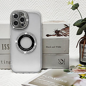 Uioeua Compatible with iPhone 13 Pro Max Magnetic Transparent Sparkle Case,Luxury Bling Clear Shockproof MagSafe Case with Full Camera Len Protector for iPhone 13 Pro Max Women Girl Men-White