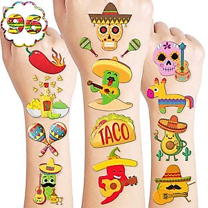 8 Sheets (96PCS) Mexican Tattoos Temporary Taco Twosday Theme Birthday Party Decorations Favors Supplies Stickers For Kids Boys Girls Gifts Classroom School Prizes Rewards