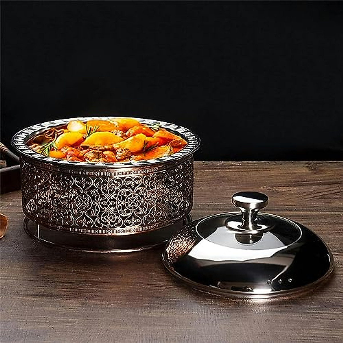 Retro Round Chafing Dish, 24/26/28/30cm Buffet Servers Warmers Tray with Food Pan, Lid and Fuel Holder, for Catering Party Banquet Dining