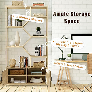 Zevemomo 7 Tier Tall Rattan Bookshelf - Modern Open Display Book Shelf & Bottom Cabinet with Door for CDs/Movies/Books, Large Wood Book Case Storage Organizer for Bedroom Home Office Living Room