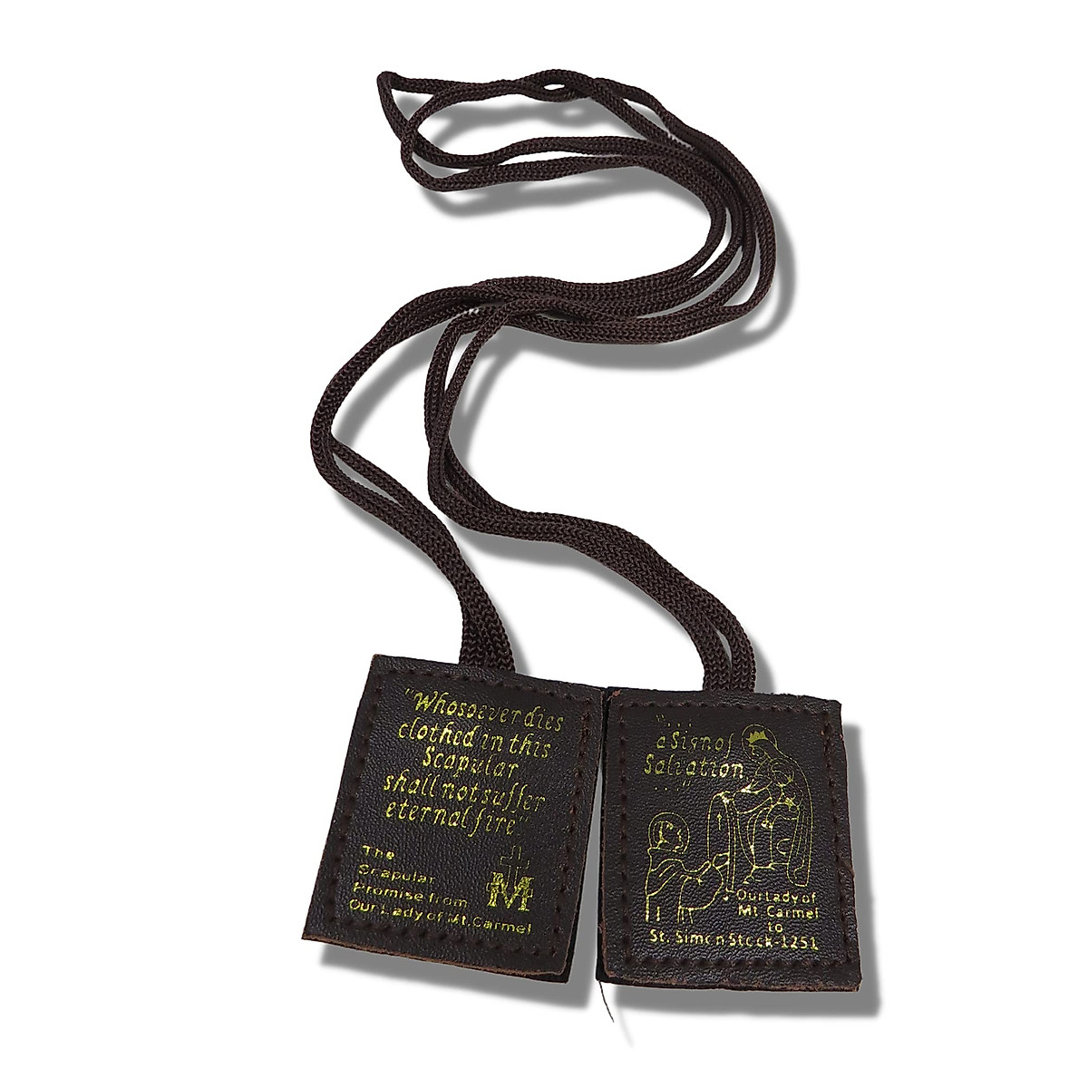 Brown Stamped Leather Scapulars Catholic Necklace for Men and Women, Scapular with Our Lady of Mt Carmel on the Front and Her Promise of Salvation, 21 Inches