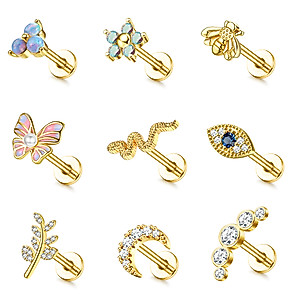 FUNRUN JEWELRY 9Pcs 16G Cartilage Stud Earring for Women Stainless Steel Top Screw Flat Back Earrings Butterfly Moon Flower CZ Cartilage Earrings Helix Tragus Piercing Jewelry, Length: 6MM, Metal,