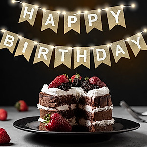 RUBFAC Pre-Strung Happy Birthday Banner - NO DIY - Gold Glitter Birthday Party Banner with 2pcs Fairy Lights for Birthday Party Decorations, Rose Gold Happy Birthday Sign