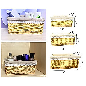 Handmade Wicker Storage Baskets Set, Shelf Baskets Woven Decorative Storage Bins Baskets Organizing Baskets, Nesting Baskets with Linings for Home (Natural)