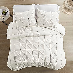 Ink+Ivy Masie Duvet Cover King/Cal King Size - White , Elastic Embroidery Tufted Ruffles Duvet Cover Set – 3 Piece – 100% Cotton Percale Light Weight Bed Comforter Covers
