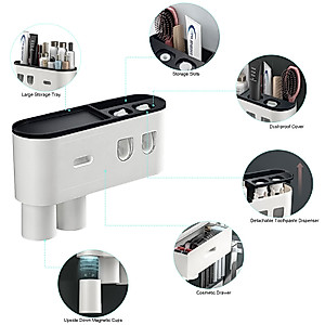 TuCao Double Automatic Toothpaste Dispensers Squeezer Kit with Toothbrush Holder Wall Mounted, Large Storage Organizer with 6 Toothbrush Slots, 2 Magnetic Cups and Cosmetic Organizer Drawer (2 Cups)