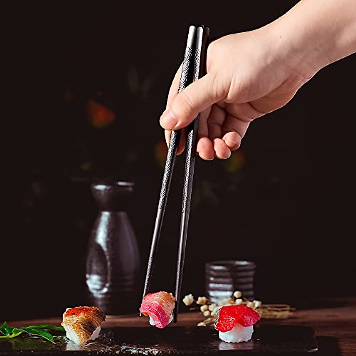 DXPIIOY Japanese Chopstick,Dishwasher Safe,6 Pairs Reusable Black Fancy Fiberglass Chopsticks With Gift Case,lightweight Non-Slip Chop Sticks Set,For Eating Salmon Sushi Noodles ,9.6 Inch - Black