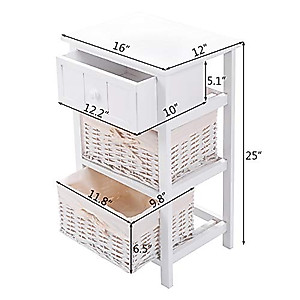 Giantex Nightstand with Drawers Wooden, W/ 2 Storage Baskets and Open Shelf for Bedroom, Bedside Sofa End Table (1, White)