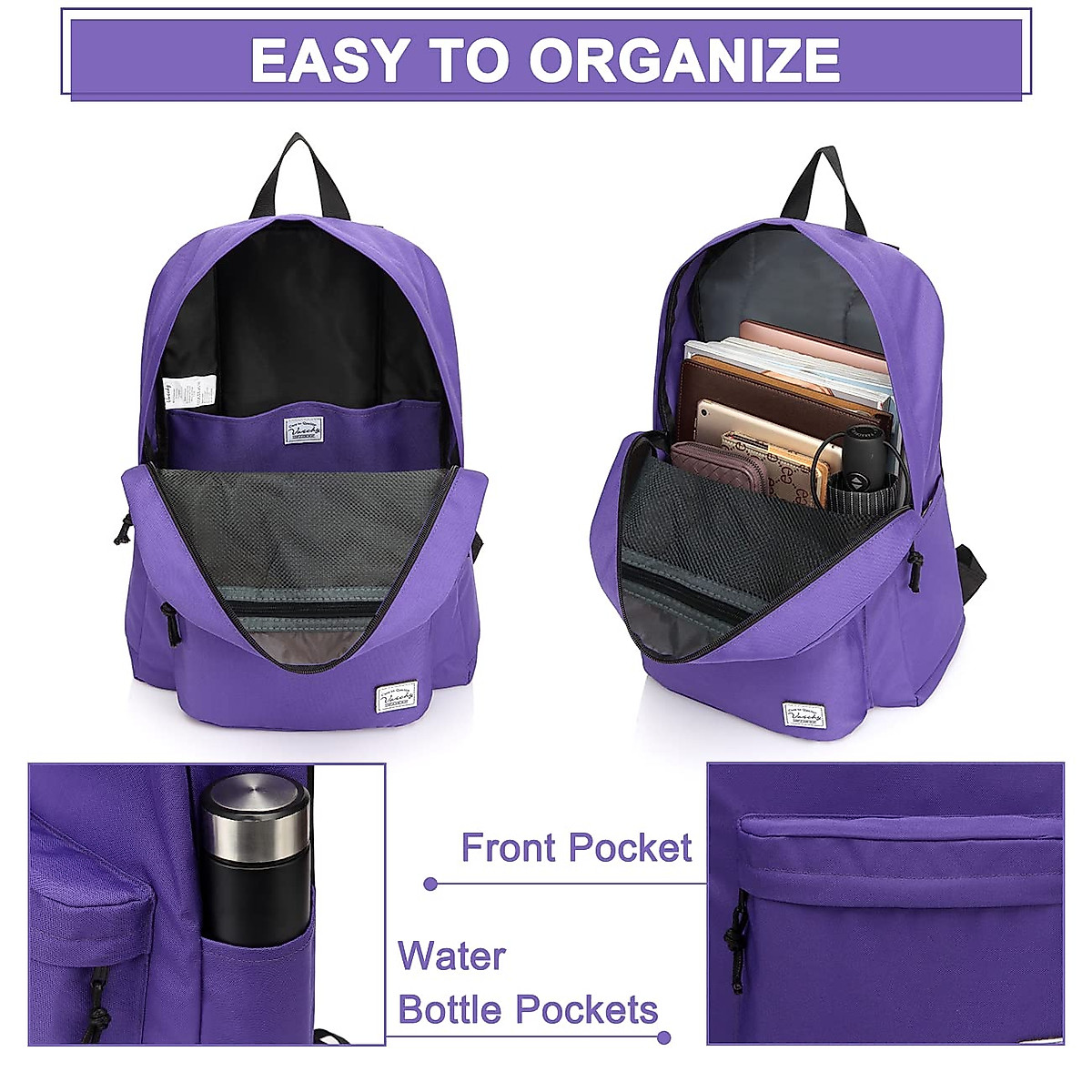VASCHY Lightweight Backpack for School, Classic Basic Water Resistant Casual Daypack for Travel with Bottle Side Pockets (Purple)