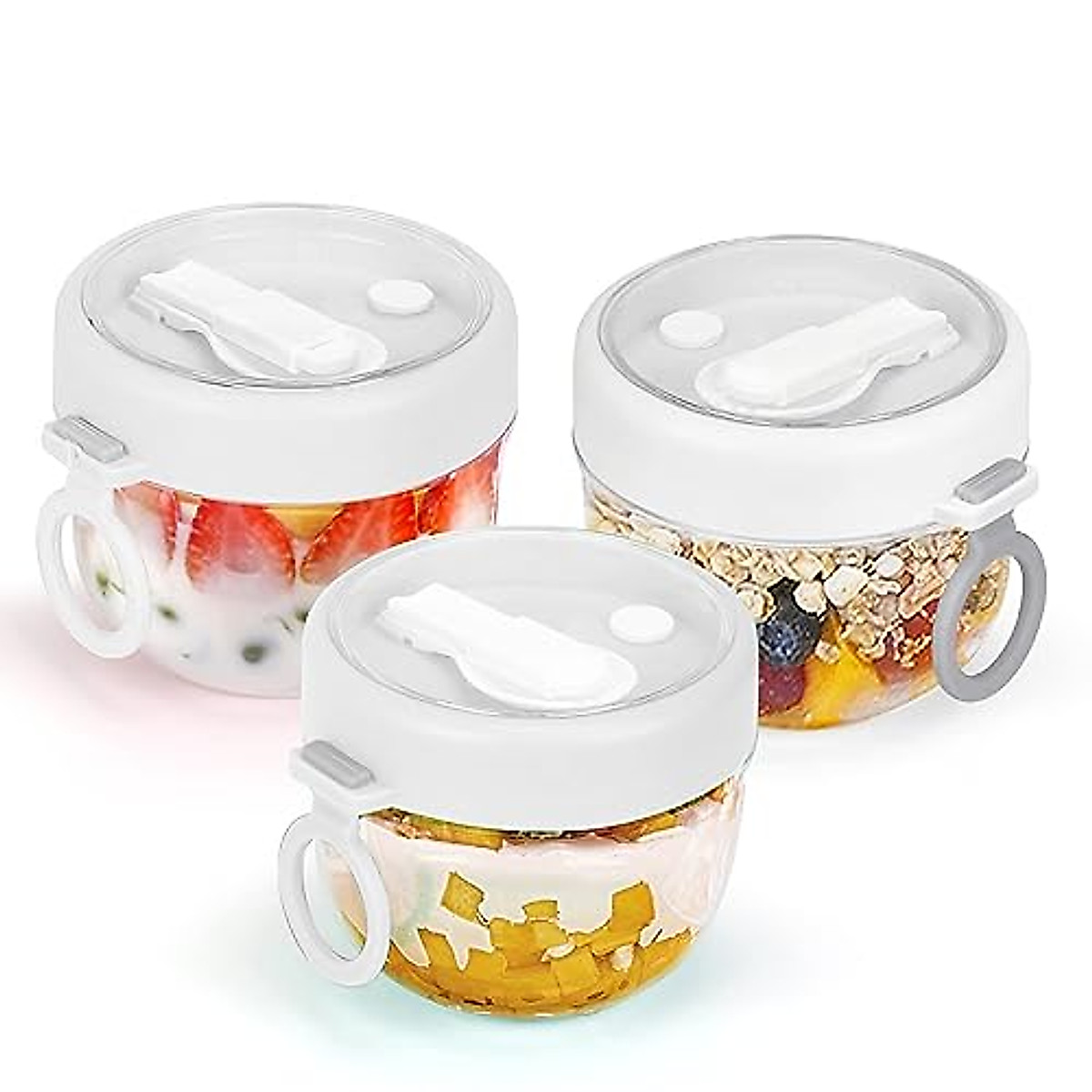 Overnight Oat Containers with Lids and Spoons 3PCS, 20oz Portable Plastic Yogurt Jars, Leakproof Dessert Cups for Yogurt Breakfast On The Go Cups, Oatmeal Jars Snack Containers (3white)