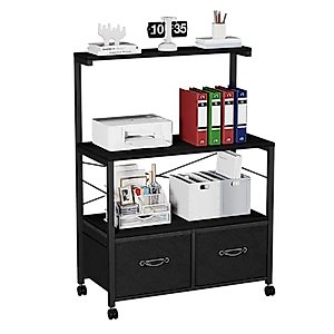 VECELO Lateral File Cabinet with 3 Shelf, 2 Drawer File-Cabinet on Brakeable Wheels, Large Printer Stand with Open Storage Shelf fits Letter Size for Home Office, Black
