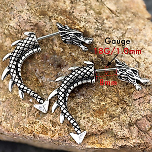 COCHARM 2PCS Ear Stud Fake Ear Gauges Burning Silver 3D Dragon Unique Style Fake Ear Gauge Earrings 18G Ear Gauges