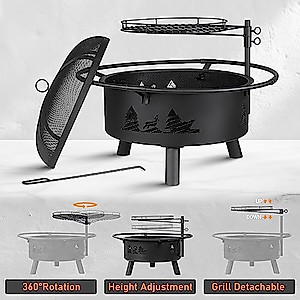 Fire Pits for Outside, Wood, Bonfire Pit, 30 Inch Round Cast Iron Fire Pit with Grill for Patio, Backyard with Spark Screen, Fire Poker and Metal Grate, Forest Cutout Pattern