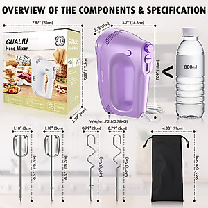 Electric Hand Mixer with Stainless Steel Whisk, Dough Hook Attachment and Storage Bag, Handheld Mixer for Baking Cakes, Eggs, Cream Food Mixers. Turbo Boost /5 Speed Kitchen Blender PURPLE