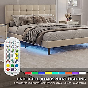 INCLAKE Queen Size Platform Bed Linen Upholstered Platform Bed Frame with RGB LED Lights and Adjustable Headboard Square Stitched Bed Frame, Wood Slats Support, No Box Spring Needed, Beige