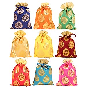 Touchstone Drawstring Bags Traditional Indian Handcrafted in Ficus Leaf Pattern Brocade Fabric. Perfect for Gifts Jewelry Weddings Sweet Distribution Set of 9 Vibrant Multicolor Pouches Purses Potli.
