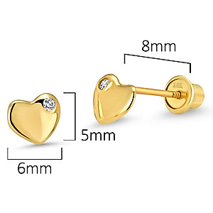 14k Yellow Gold Plain Heart Cubic Zirconia Children Screwback Baby Girls Stud Earrings