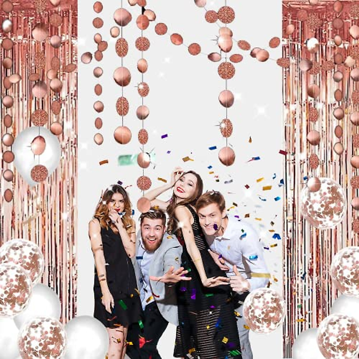 Rose Gold Party Decorations,Glitter Rose Gold Circle Dots Garland ,Fringe Curtain,Balloons,Paper Polka Dots Hanging Streamer String Bunting Banner Backdrop Decor for Birthday,Valentine,Wedding Party