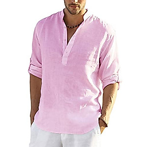 COOFANDY Men's Cotton Linen Henley Shirt Long Sleeve Hippie Casual Beach T Shirts Pink