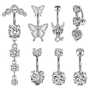 Anicina Belly Button Ring 14G Clear Diamond CZ Belly Rings Surgical Stainless Steel Navel Rings Butterfly Heart Devil Belly Button Piercing Jewelry for Women Silver