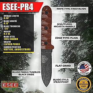 ESEE PR4 Fixed Blade Survival Knife, Black Oxide Finish, Leather Sheath