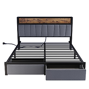 IETEBHHAS LED Queen Size Bed Frame with Headboard Storage Drawers, Smart Queen Bed Frames with Charging Station USB, Upholstered Platform Bed Frames Queen Size, Grey