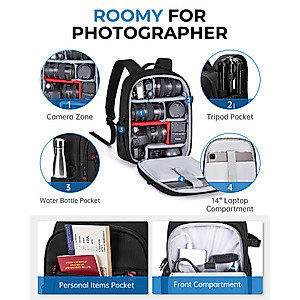 BAGSMART Camera Bag, DSLR SLR Small Camera Backpack Fits 13 Inch Laptop, Anti-theft Photography Backpacks with Rain Cover, Tripod Holder, Black