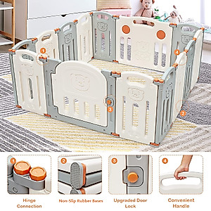 Costzon Baby Playpen, 14-Panel Foldable Large Baby Playard w/Locking Gate, Non-Slip Rubber Bases, Adjustable Shape, Portable Baby Fence Play Area Design for Indoor Outdoor Use (Beige + Gray)