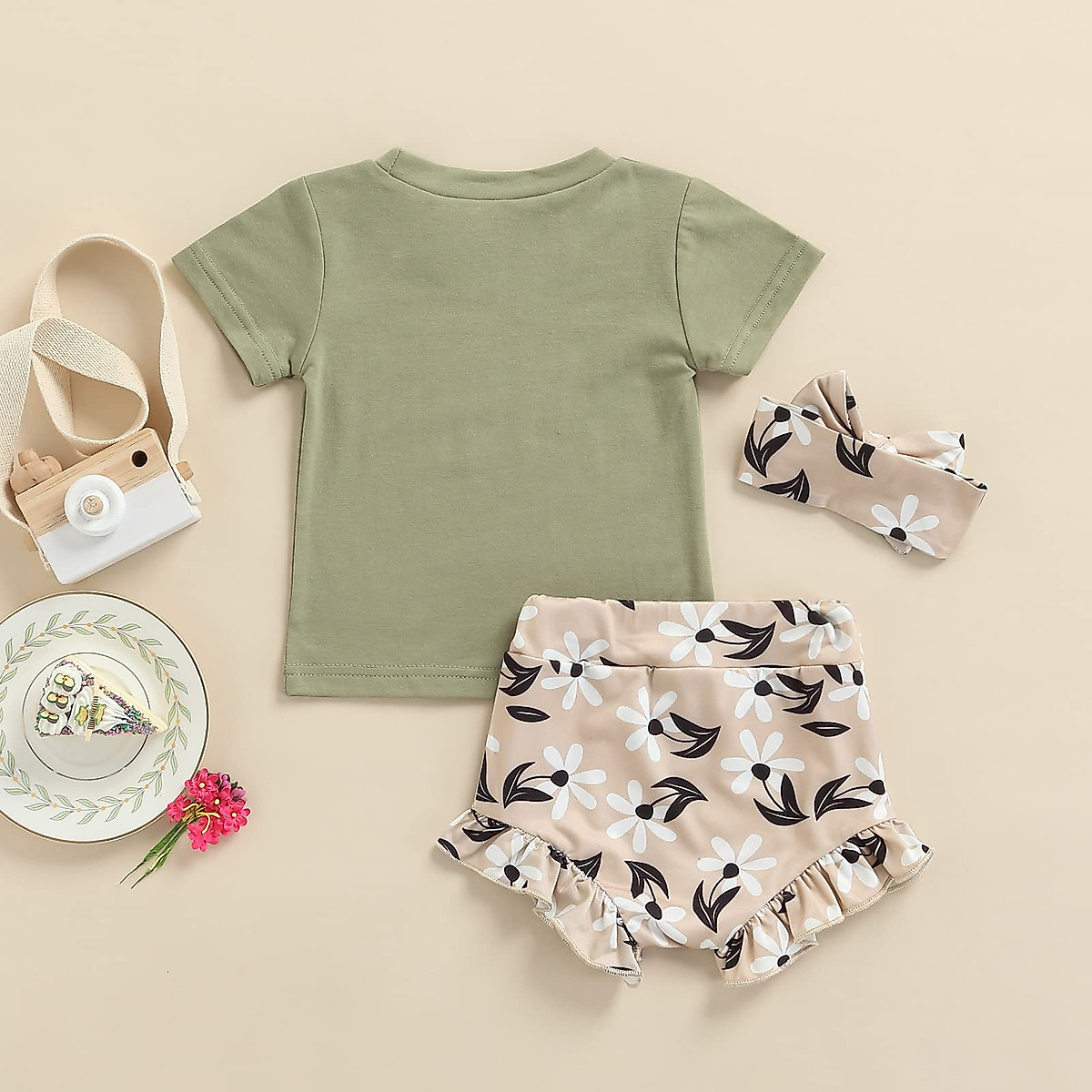 Newborn Baby Girls Summer Clothes Short Sleeve Shirt Tops Ruffle Floral Shorts Infant Headband Toddler Kids 3Pcs Outfits Set (A1 Green, 0-6 Months)