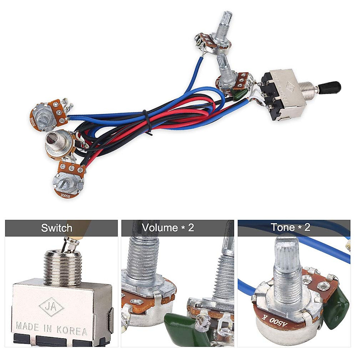 Guitar Wiring Harness Kit, 3 Way Switch 2 Volume 2 Tone 1 Jack 500K Pots for Les Paul LP Guitar Guitar Wiring Kit 1 Vowiring