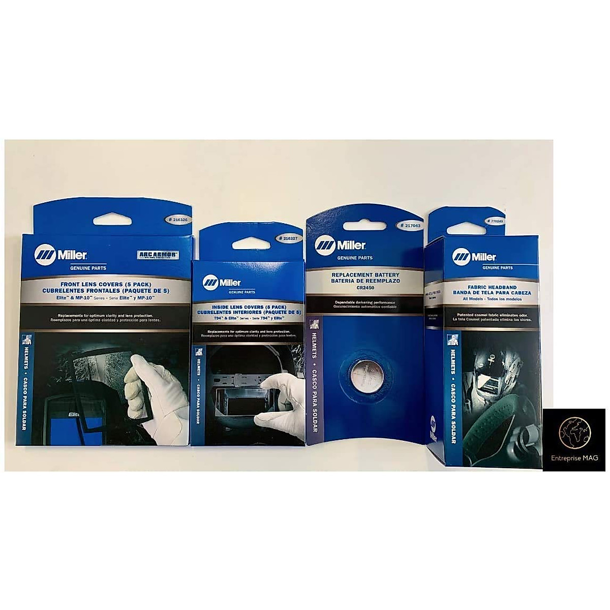 Combo Miller Electric Cover Lens Elite & MP-10 Series 216326-216327, HeadBand 770249 and 2 Replacement Batteries 217043