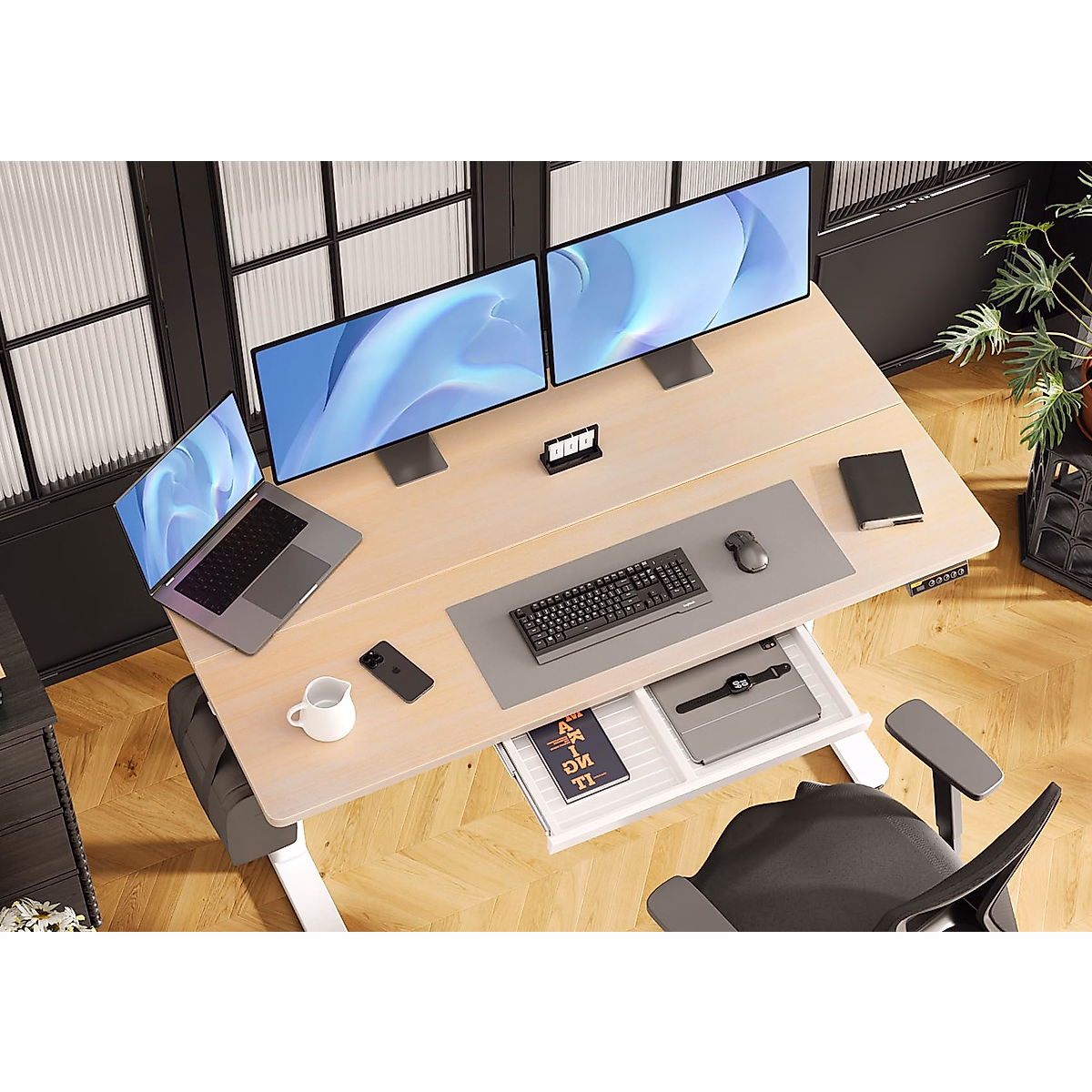 Claiks Standing Desk with Drawers, Stand Up Electric Standing Desk Adjustable Height, Sit Stand Desk Computer Workstation, 55 Inch, Natural