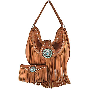 Western Cowgirl Concealed Carry Fringe Cow Purse Handbag Hobo Messenger Shoulder Bag Wallet Set Brown
