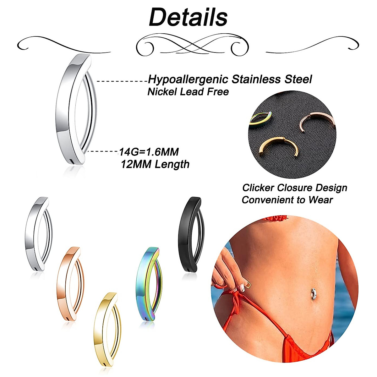 NICEIGHT 5PCS 14G 316L Stainless Steel Clicker Belly Button Rings for Women Simple Reverse Navel Rings Clip on Belly Ring Barbell Body Jewelry Piercing 12MM